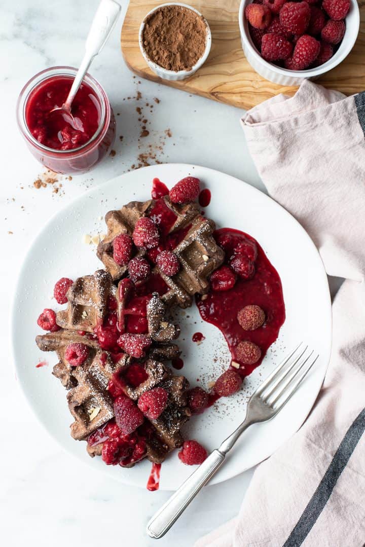 Gluten-Free Chocolate Waffles with Raspberry Sauce - superman cooks