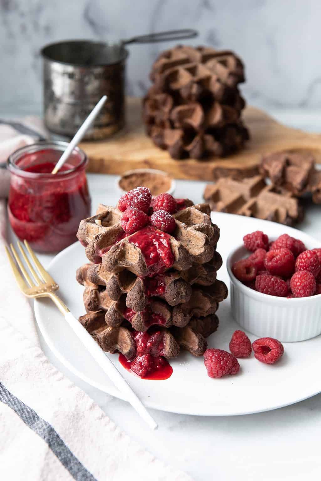 Gluten-Free Chocolate Waffles with Raspberry Sauce - superman cooks