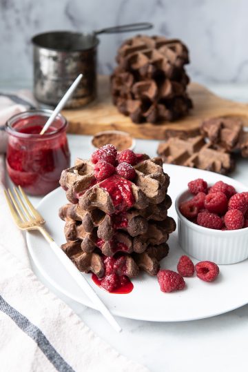 Gluten-Free Chocolate Waffles with Raspberry Sauce - superman cooks