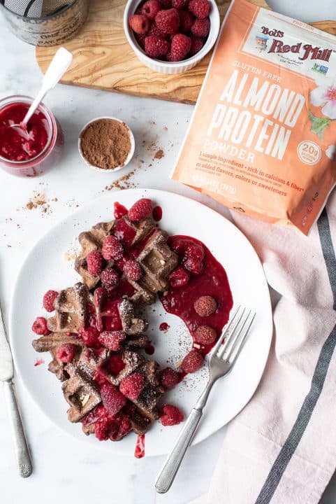 Gluten-Free Chocolate Waffles with Raspberry Sauce - superman cooks
