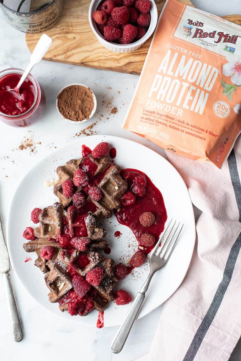 Gluten-Free Chocolate Waffles with Raspberry Sauce - superman cooks
