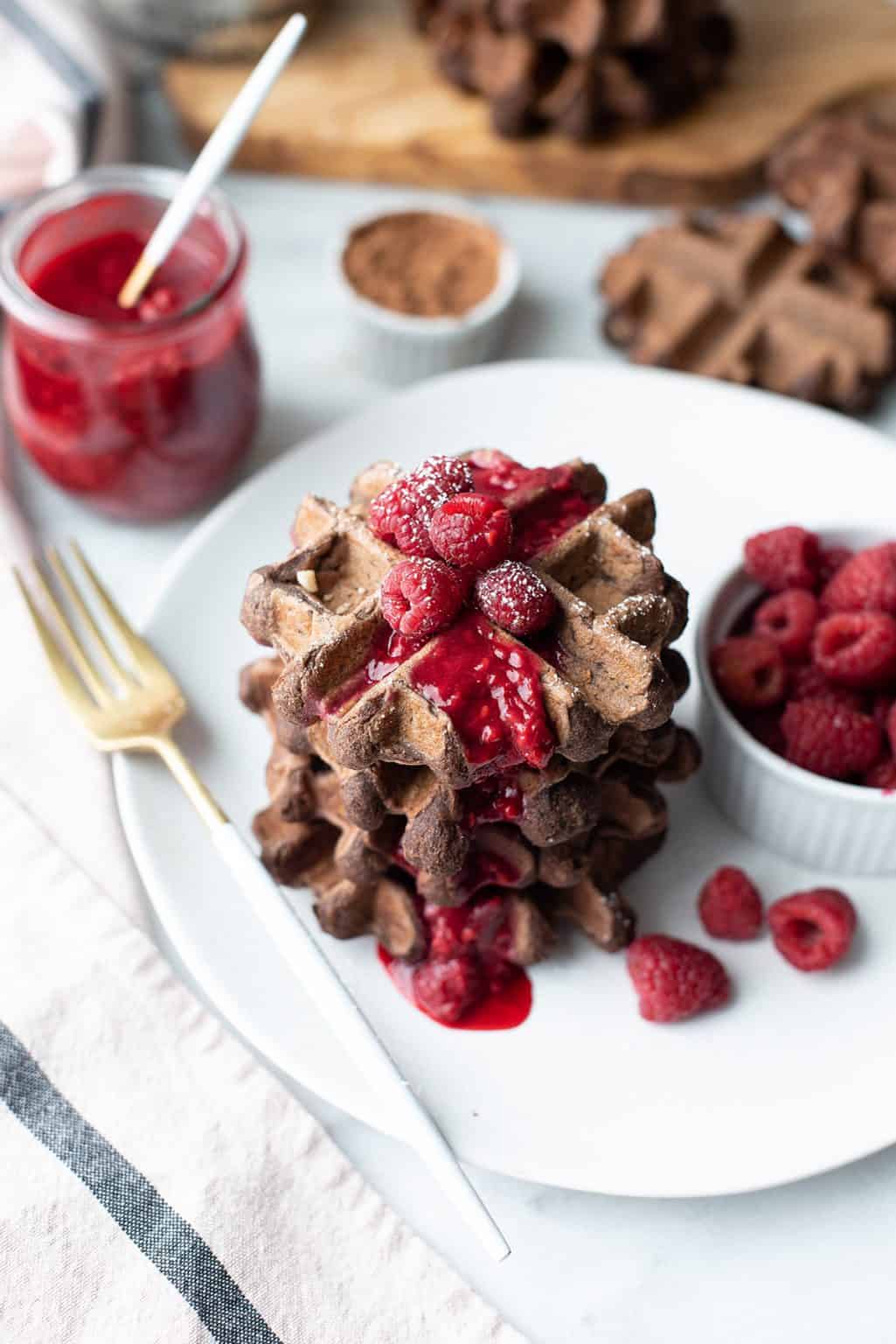 Gluten-Free Chocolate Waffles with Raspberry Sauce - superman cooks