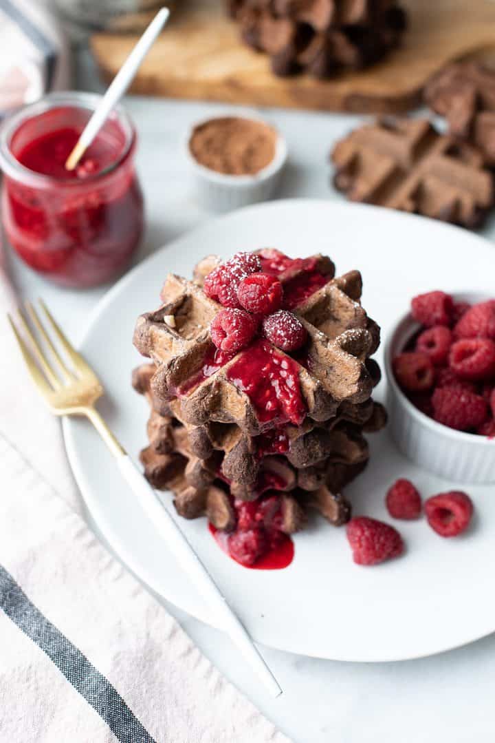 Gluten-Free Chocolate Waffles with Raspberry Sauce - superman cooks