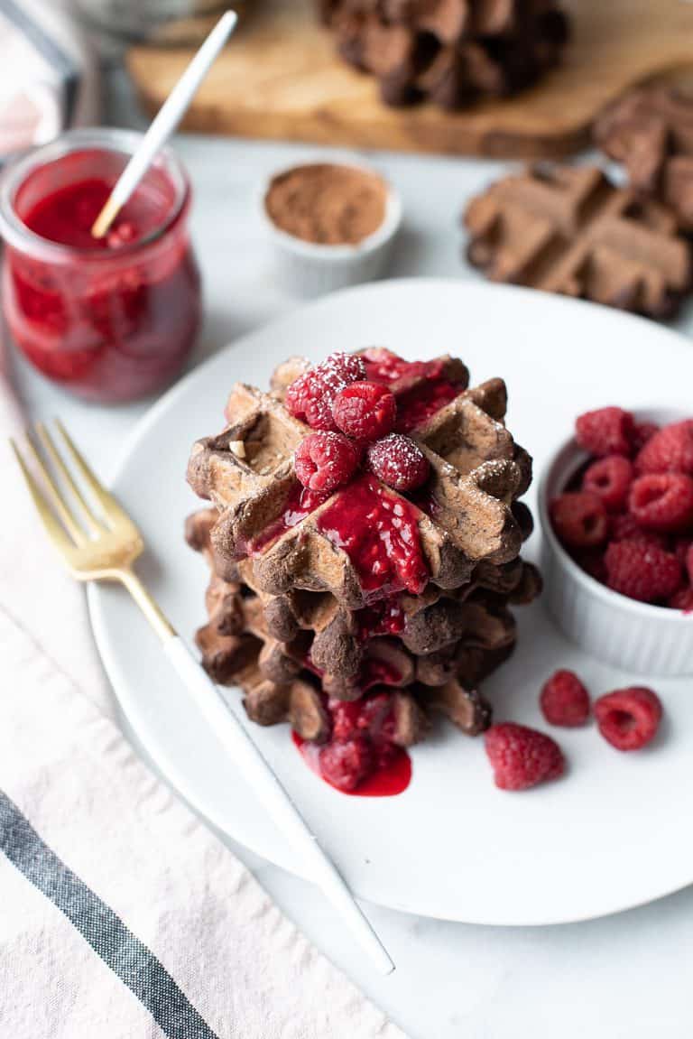 Gluten-Free Chocolate Waffles with Raspberry Sauce - superman cooks